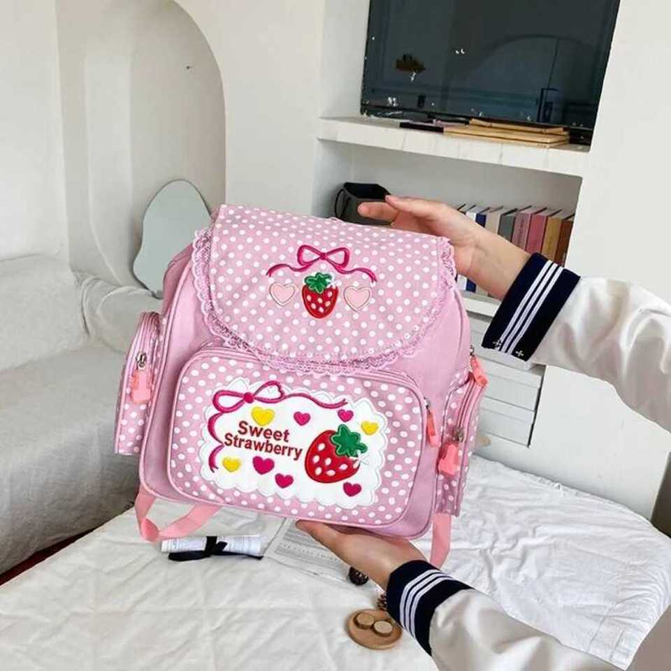 Sweet Cartoon Strawberry School Bag Embroidery Bow Girl Backpack Multi ...