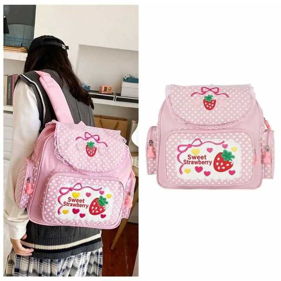 Sweet Cartoon Strawberry School Bag Embroidery Bow Girl Backpack Multi ...